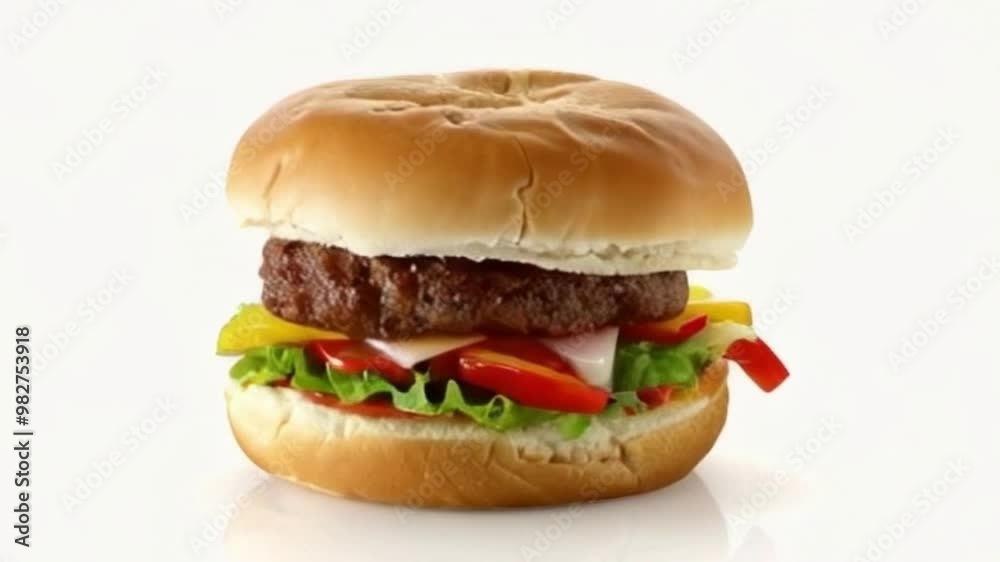 Burger rotating beef, bun, vegetables slow motion, depth of field, 4k ...