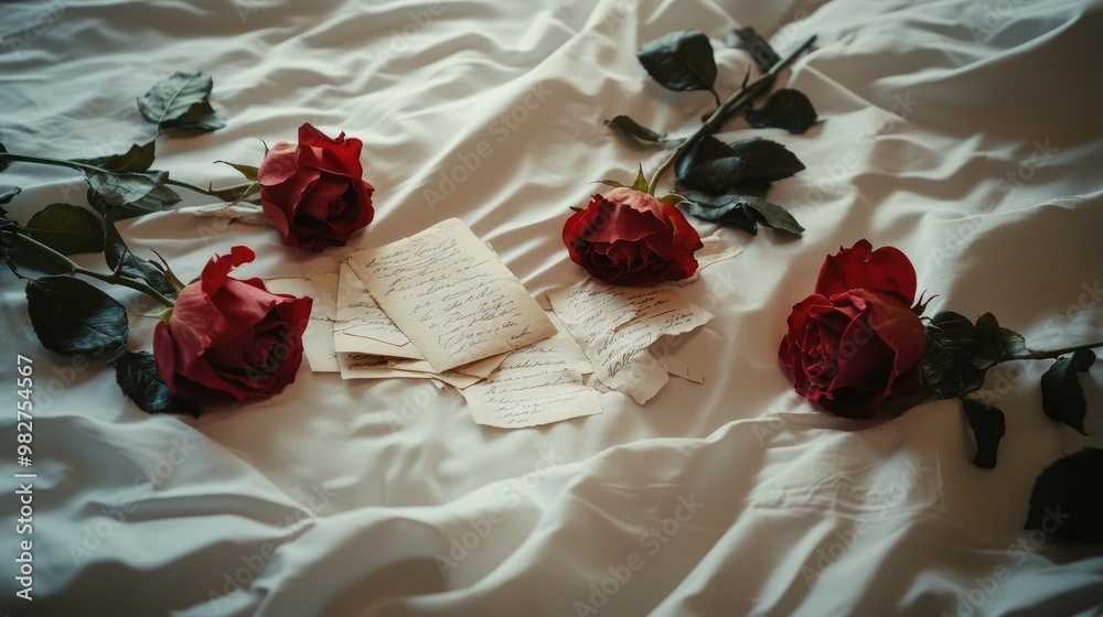 Empty bed with torn love letters and crumpled roses, symbolizing the ...