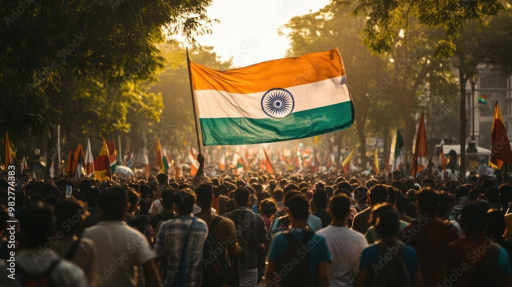 Indian flag procession, with a large group of people marching through ...