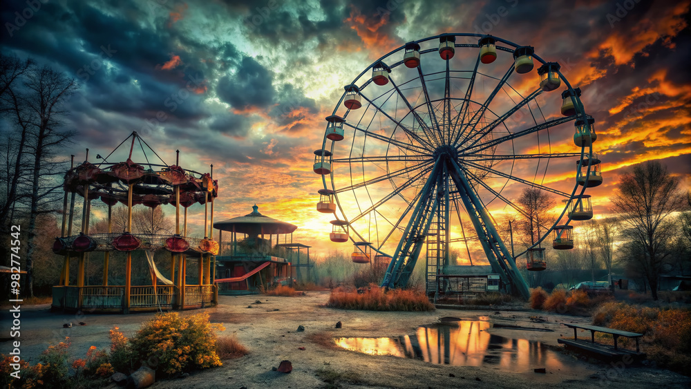 Spooky abandoned carnival at dusk with creepy Ferris wheel, eerie shadows, and rusted swings ...