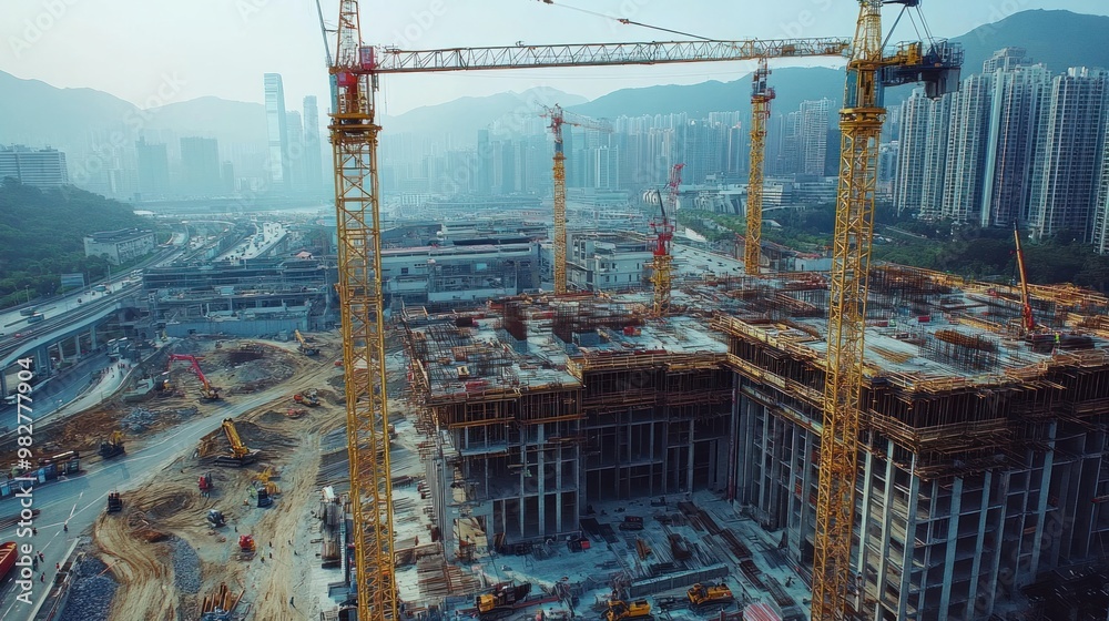 Large scale construction project with multiple cranes and heavy ...