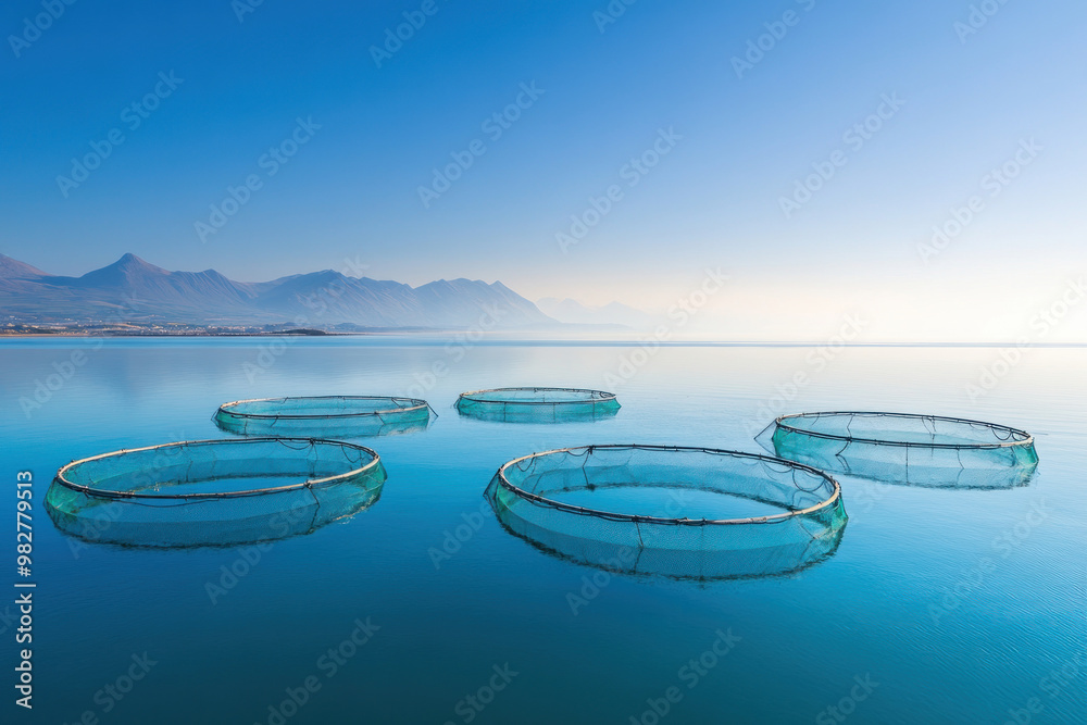 Sustainable fish farm with nets in a coastal bay, waves gently lapping ...