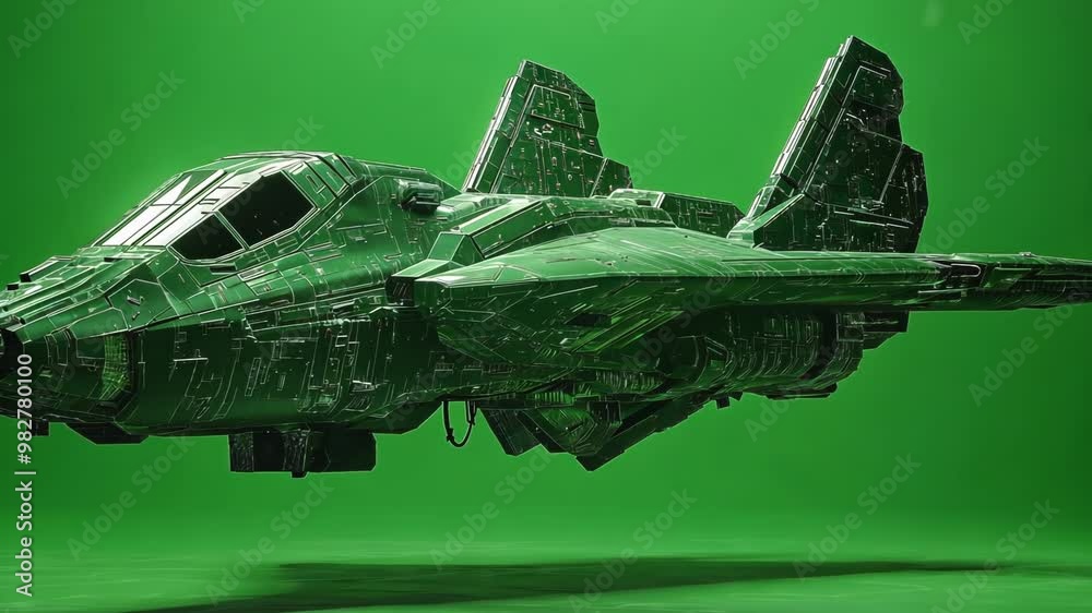 Fighter spacecraft hovering against green screen, detailed 3D model of ...