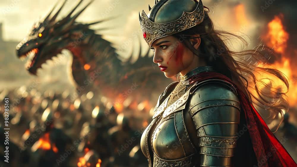 Fierce warrior queen leading dragon army into battle, fantasy heroine ...