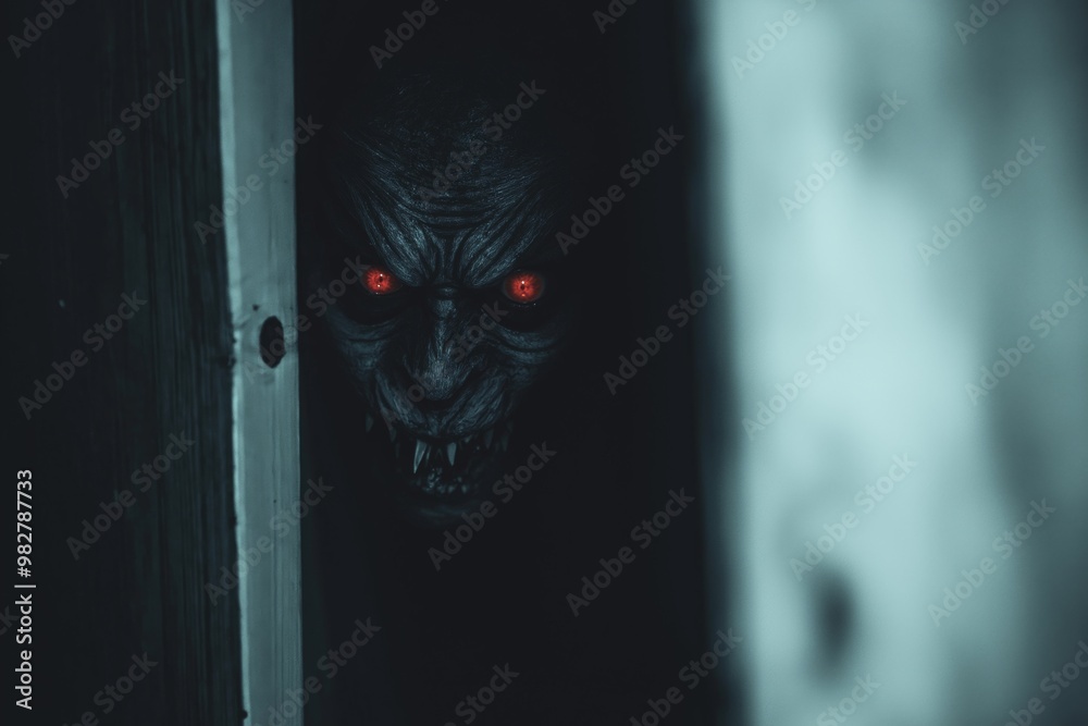 A creepy monster with red eyes and sharp teeth is peeking out from ...