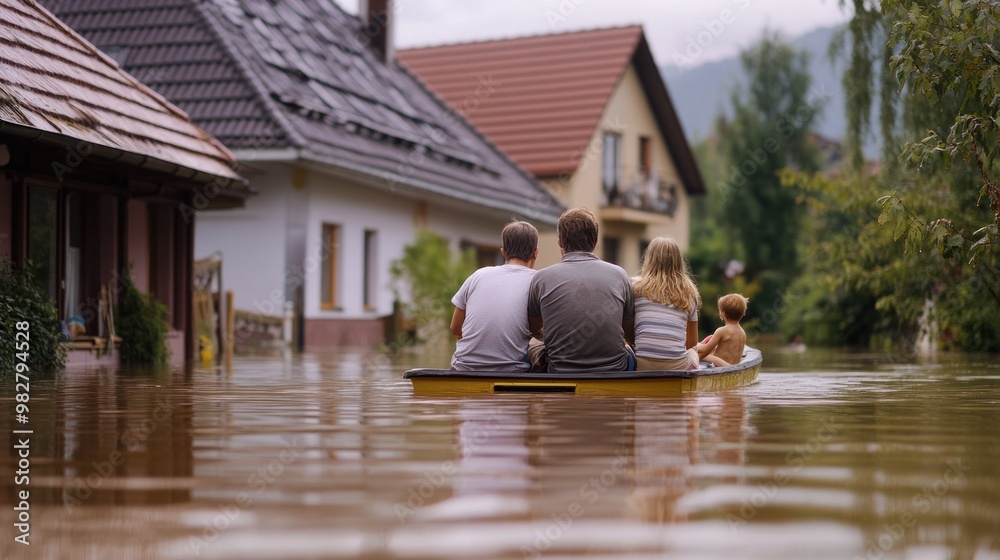 floodwater reaching the roof of a house. A father, mother and child sit ...