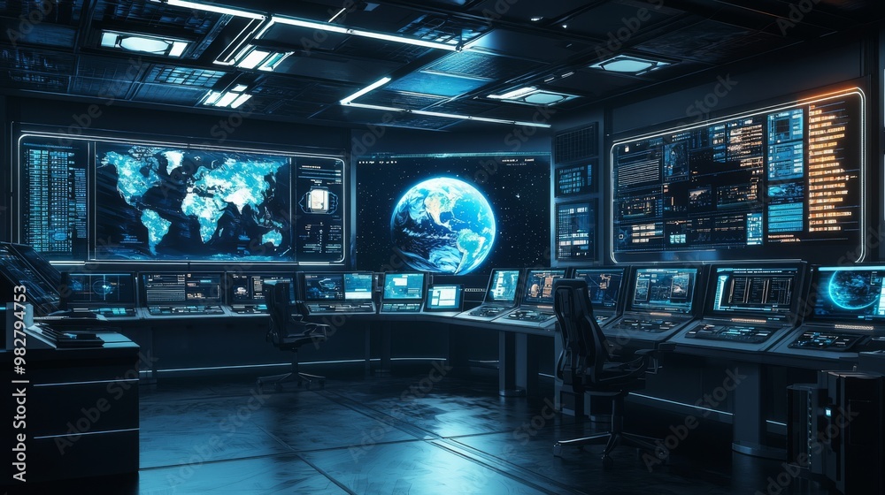 This high-tech command center has large screens, holographic maps, and a detailed 3D interface ...