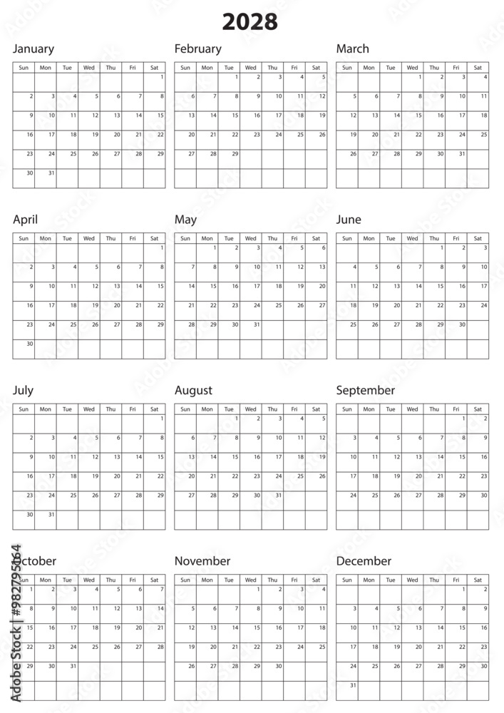 2028 Calendar Template. Vector calendar. Week starts sunday. Calendar ...