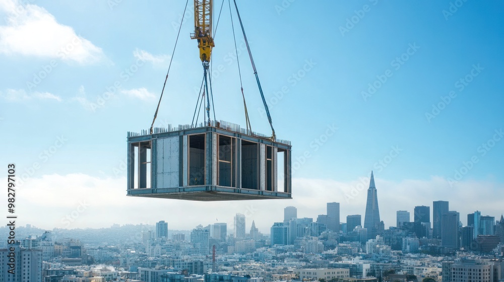Prefabricated high-rise units being hoisted into place by a crane ...