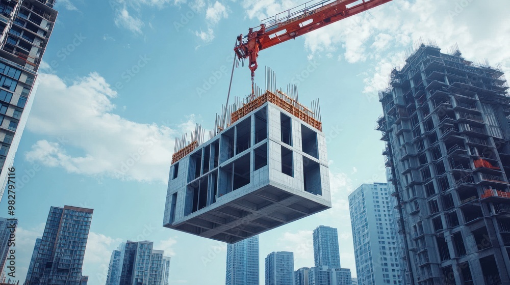 Prefabricated high-rise units being hoisted into place by a crane ...