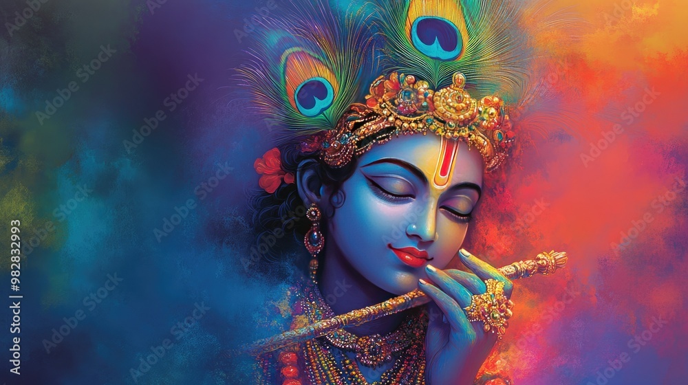 A vibrant depiction of Lord Krishna in a traditional pose with a ...