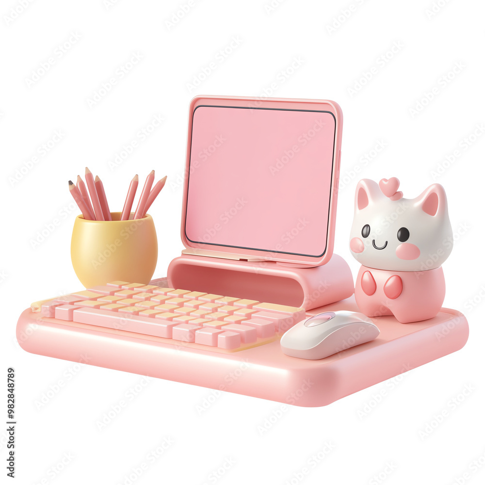 Cute pink desktop setup with a laptop, mouse, and cheerful stationery ...