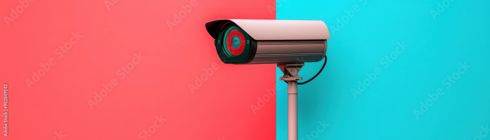 Surveillance camera with red alert icon reflected on vibrant background ...