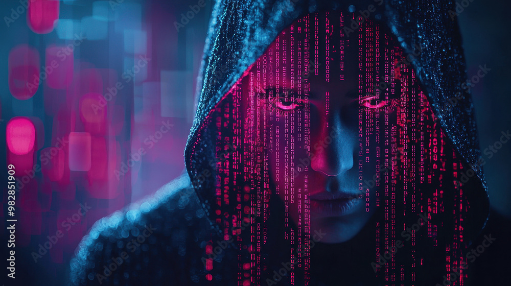 A mysterious hacker wearing hood stares intensely, with their face obscured by glowing malware ...