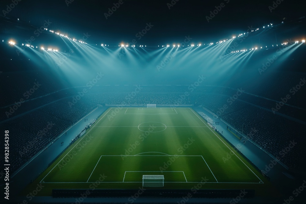 Modern empty football stadium illuminated by spotlights with stages ...