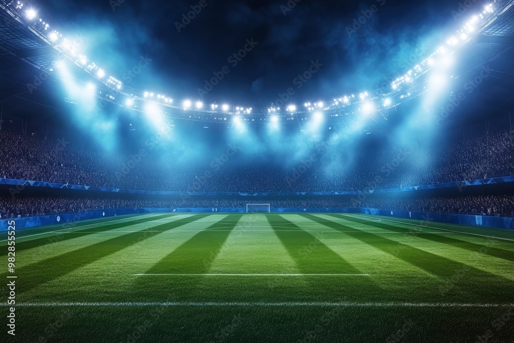 Modern empty football stadium illuminated by spotlights with stages ...