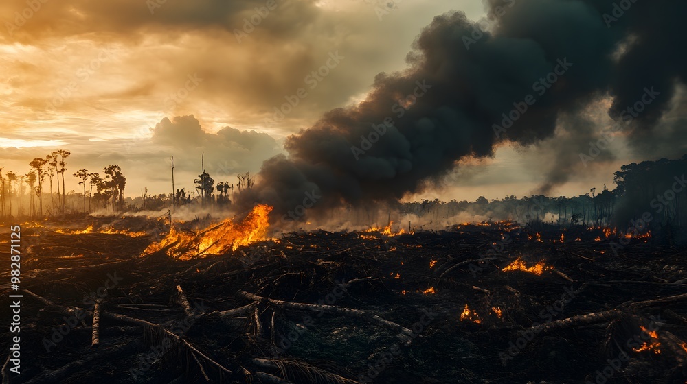 A forest being cleared by fire, with thick black smoke filling the air ...
