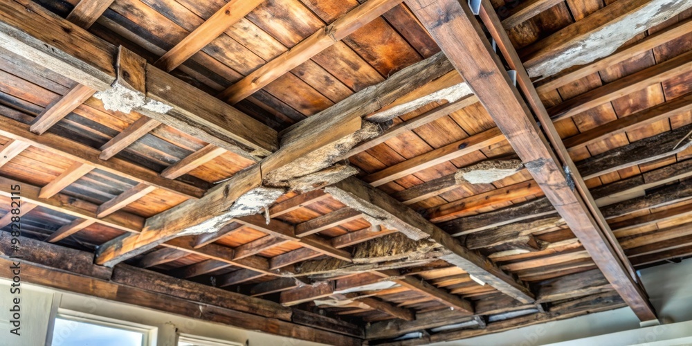 Damaged roof with leaks and rotten wooden rafters in need of repair ...
