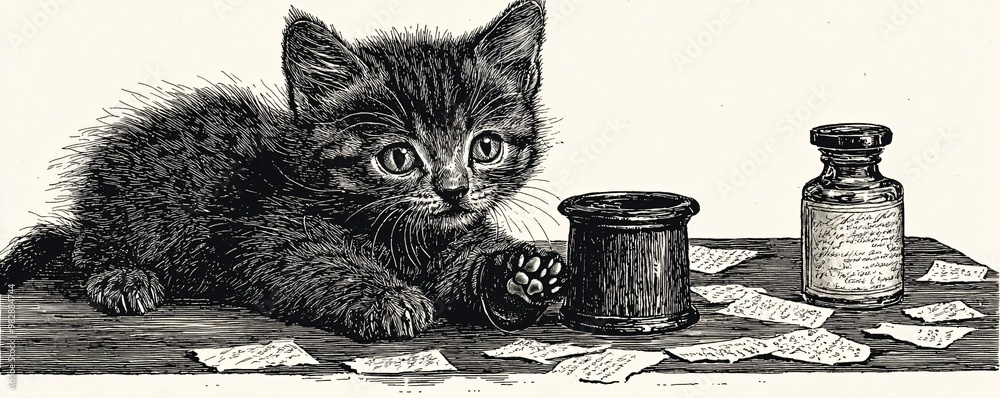 A mischievous kitten knocking over an inkwell with an aged wooden desk ...