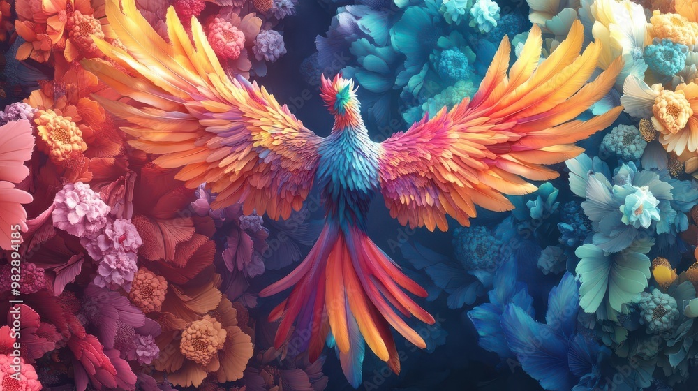 Capture a top-down perspective of a multicolored phoenix soaring above ...