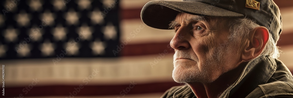Profile of an elderly veteran gazing with determination, American flag ...