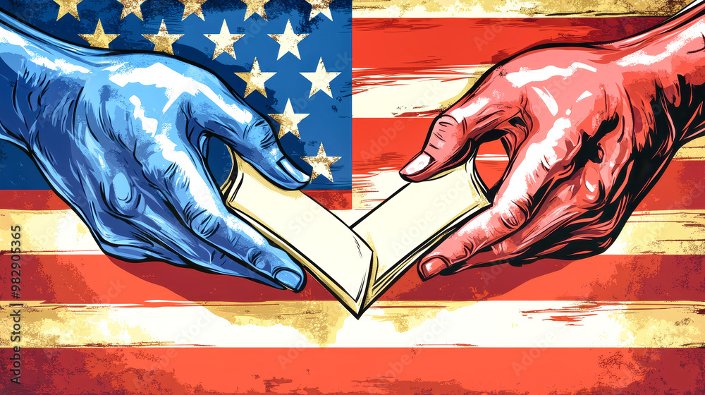 Voting hands united in democracy, one with a blue hue and the other red ...