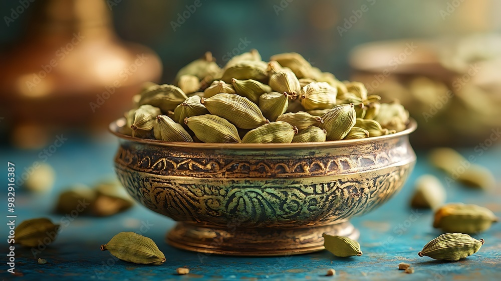 Whole Cardamom Pods: A pile of green and black cardamom pods in a brass ...