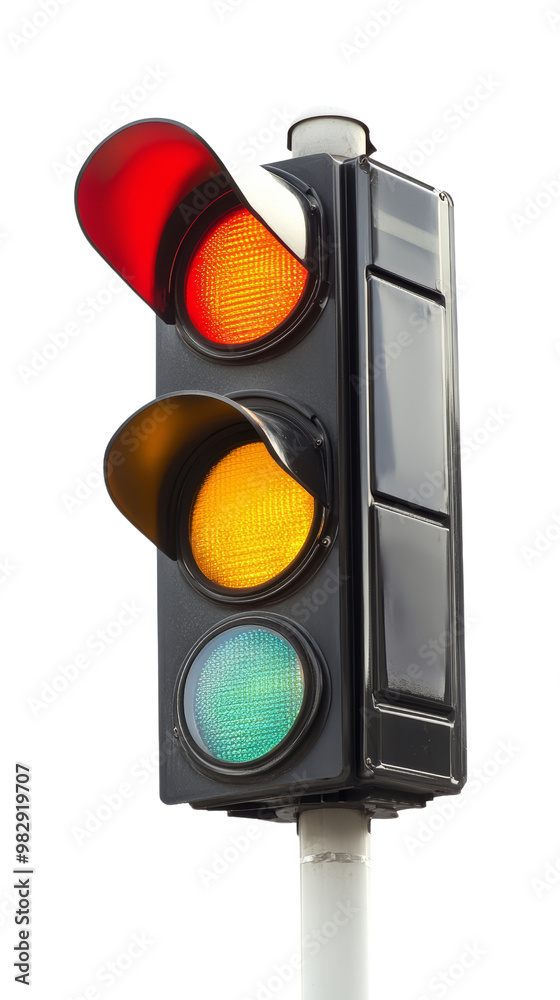Traffic light with red, yellow, and green lights illuminated, isolated ...