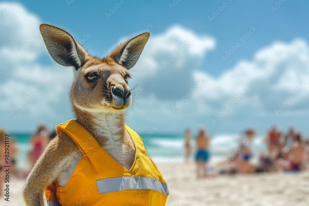 a brave kangaroo in a lifeguard's uniform watching over a beachgoers at ...