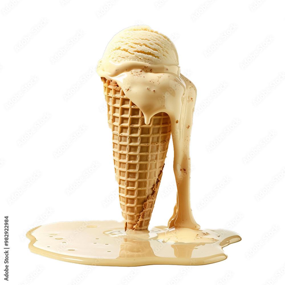 Vanilla ice cream melting, dripping down a waffle cone and forming a ...