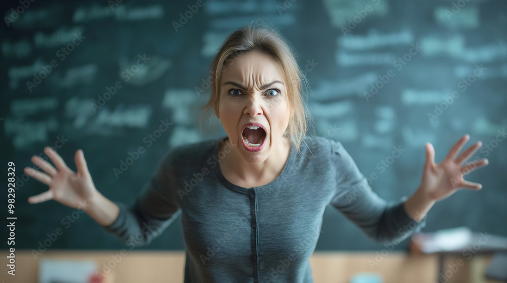 Angry or mad female teacher shouting or yelling in a classroom ...