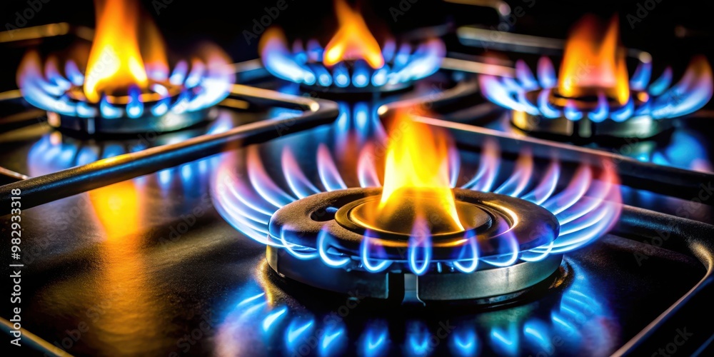 Gas flame stove top cooker burning blue orange fire in dark kitchen ...