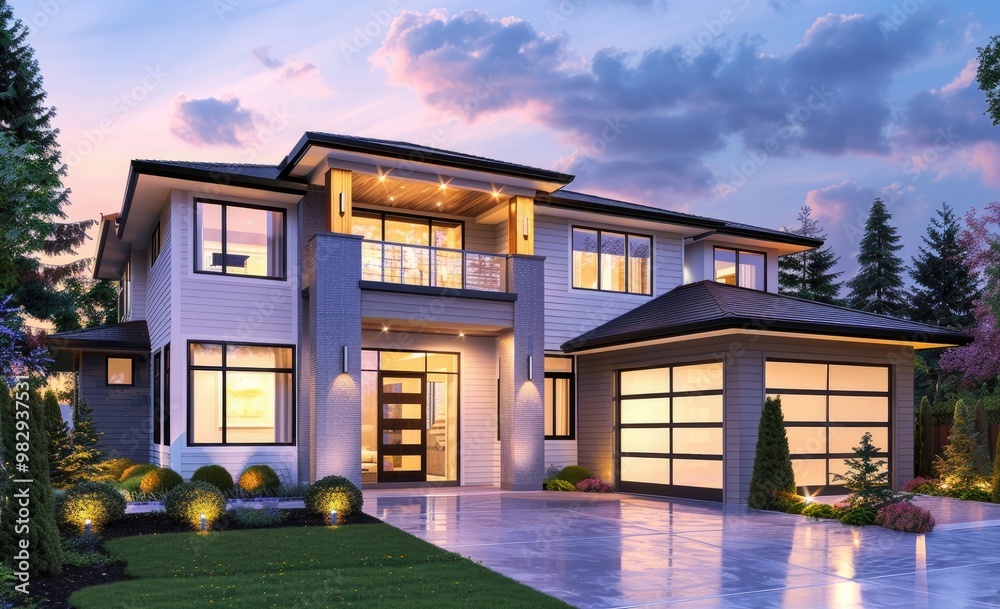 New modern luxury home exterior at dusk with double garage and open ...