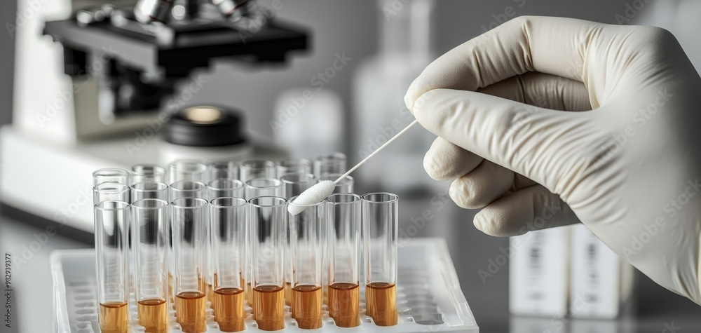 Precise Science Close-Up of Gloved Hand Inserting Swab into Amber ...