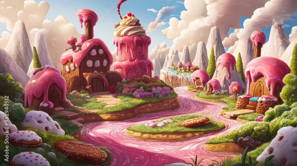 Fantasy realm featuring whimsical dessert houses a chocolate river and ...