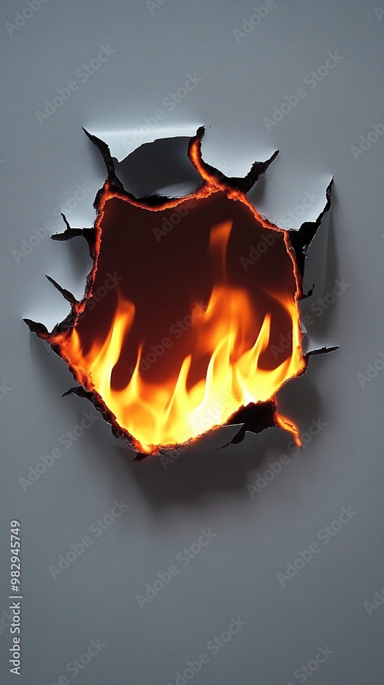 Fiery flames burst through a torn paper surface, creating a dramatic ...