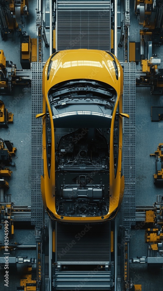 Aerial view of a bright yellow sports car on an assembly line ...