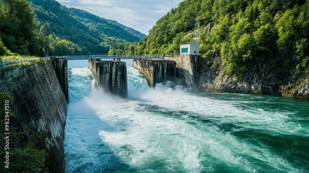 Hydroelectric dam with rushing water and electric turbines turning with ...