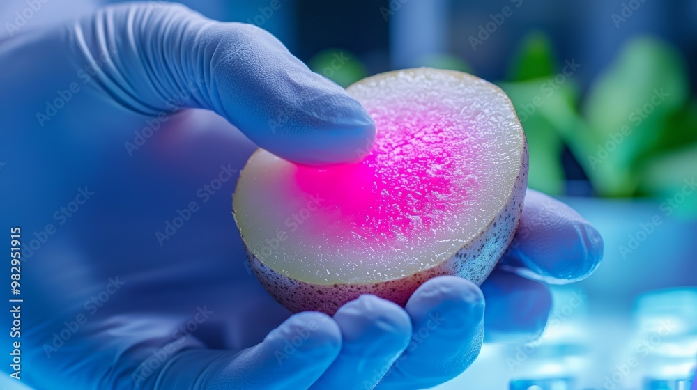 A GMO papaya in a research lab, sliced open to reveal its enhanced ...