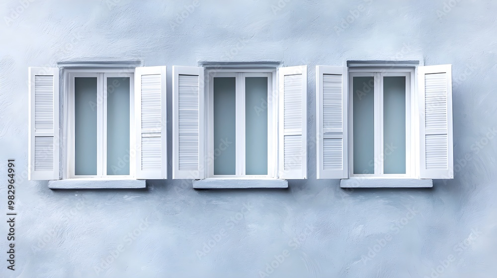 Three evenly spaced windows with white shutters on a smooth wall ...