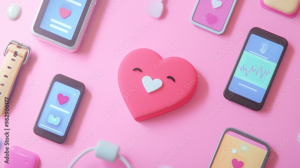 Smiling heart shape is surrounded by smart devices showing heart icons ...