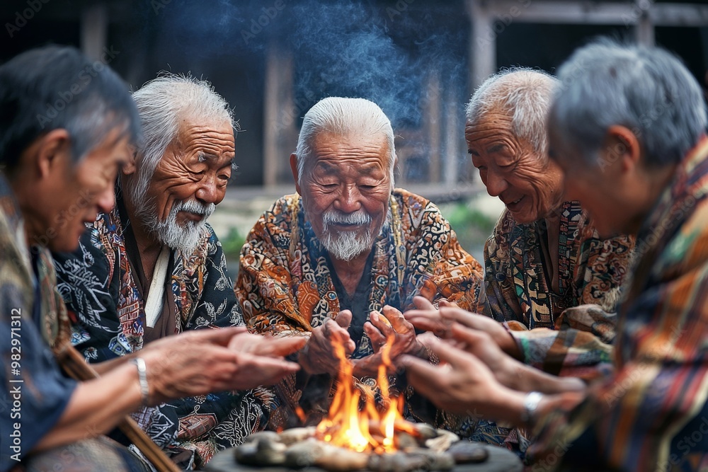 A traditional Japanese Ainu village, with elders dressed in intricate ...