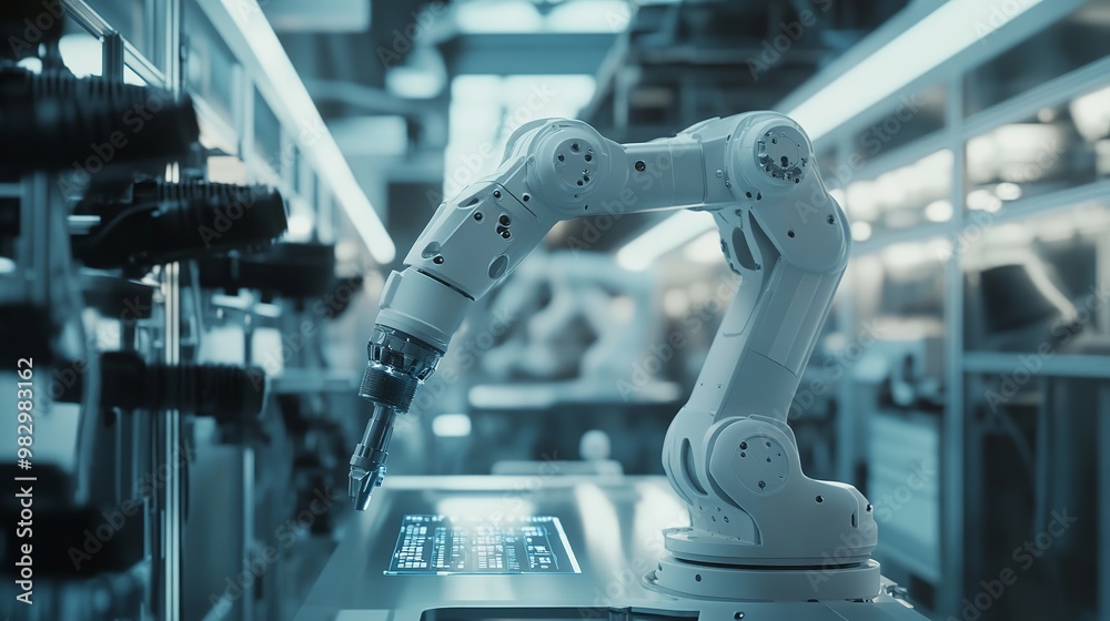 A robot arm works in a fully automated factory. You can control the ...