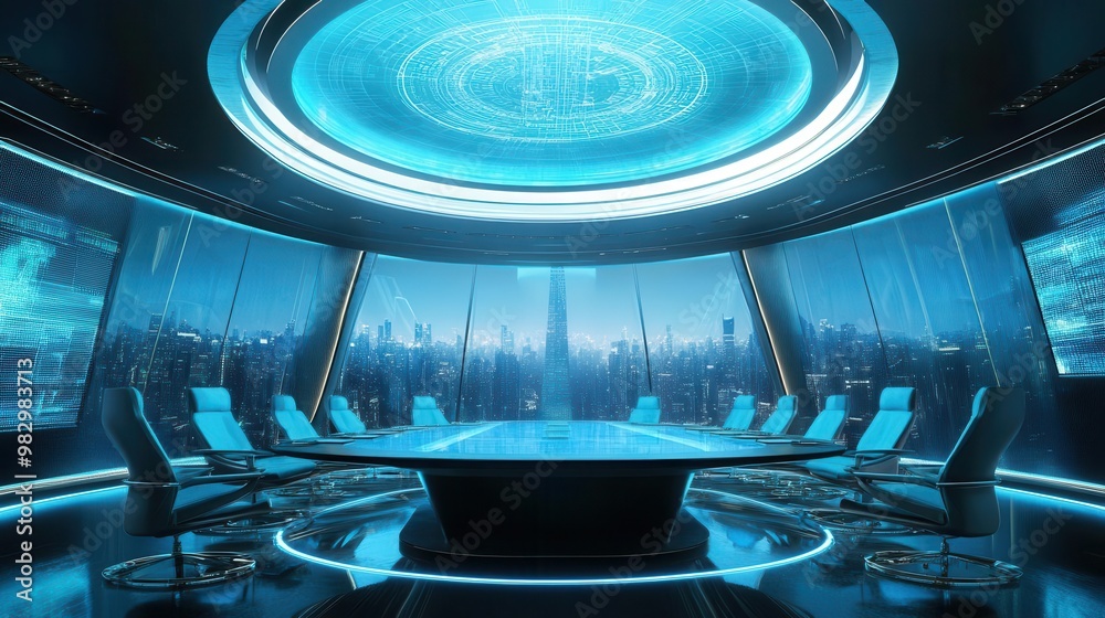 futuristic conference room with curved glass walls holographic displays ...