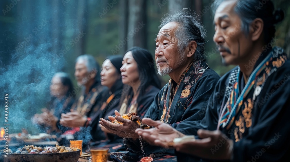 Ainu shamans conducting a sacred bear spirit ceremony in a forest ...