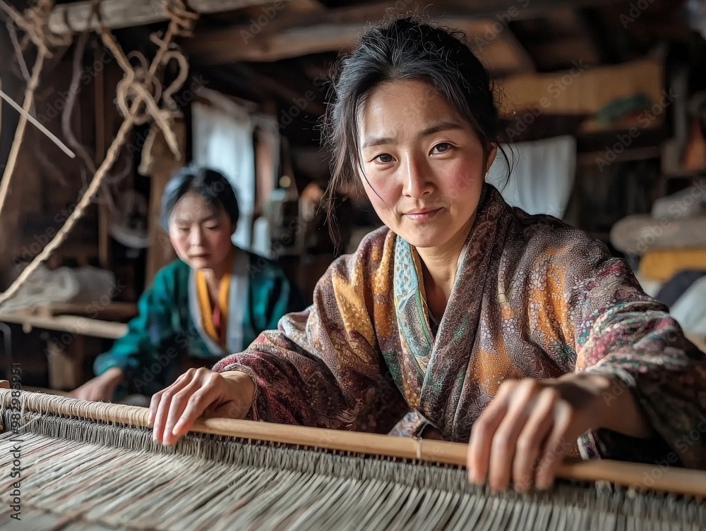 Ainu women dressed in traditional robes, weaving intricate textiles on ...