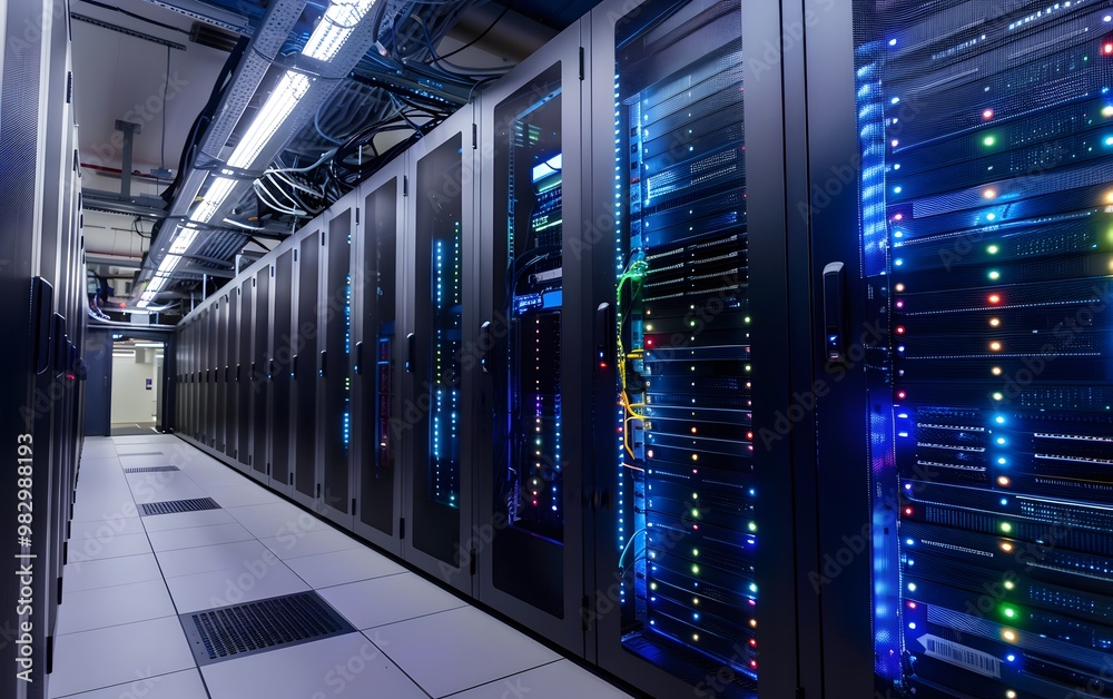 A modern data center showcasing rows of servers with vibrant LED lights ...