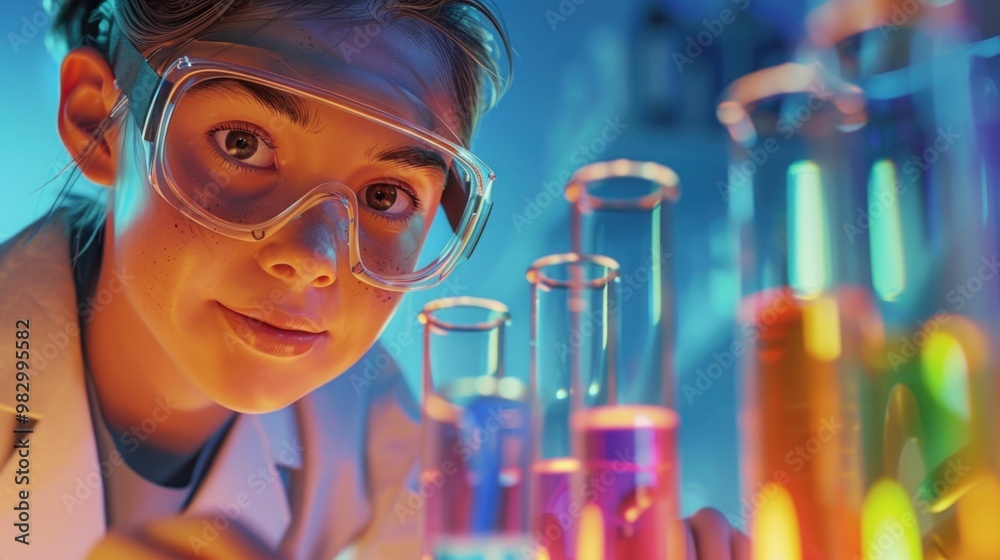 Laboratory experiment, science, young scientist, colorful liquids in ...