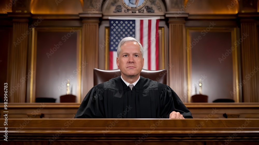 An American judge sitting behind the judge's bench in a courtroom. The ...