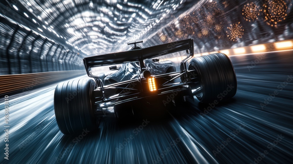 Futuristic Formula One car racing through a microscopic quantum realm ...